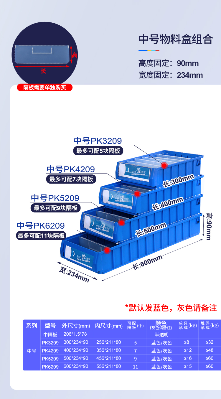 【力王 分隔式零件盒 PK4109 400*117*90mm 蓝色 9kg 3L多少钱】PK4109/400*117*90mm/蓝色/9kg/3L-鑫方盛